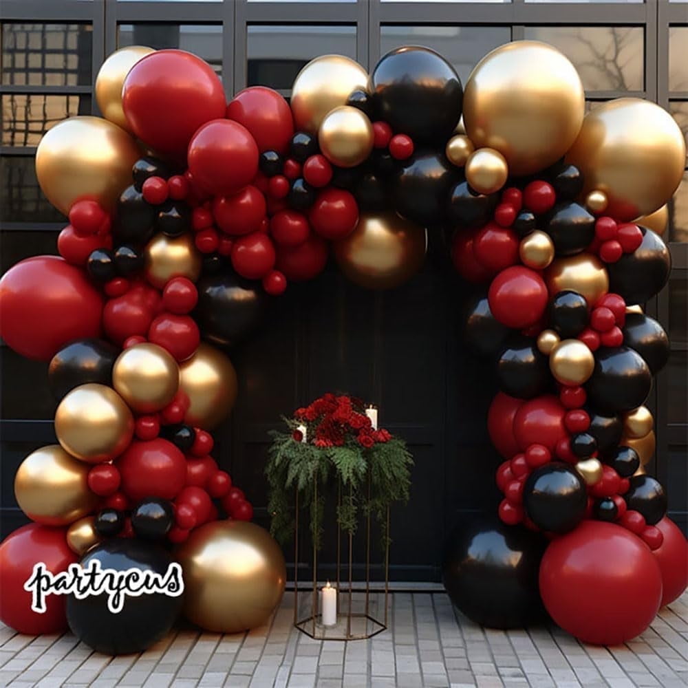 Partycus Red Black Gold Balloon Garland Double Stuffed Dark Ruby Red ...