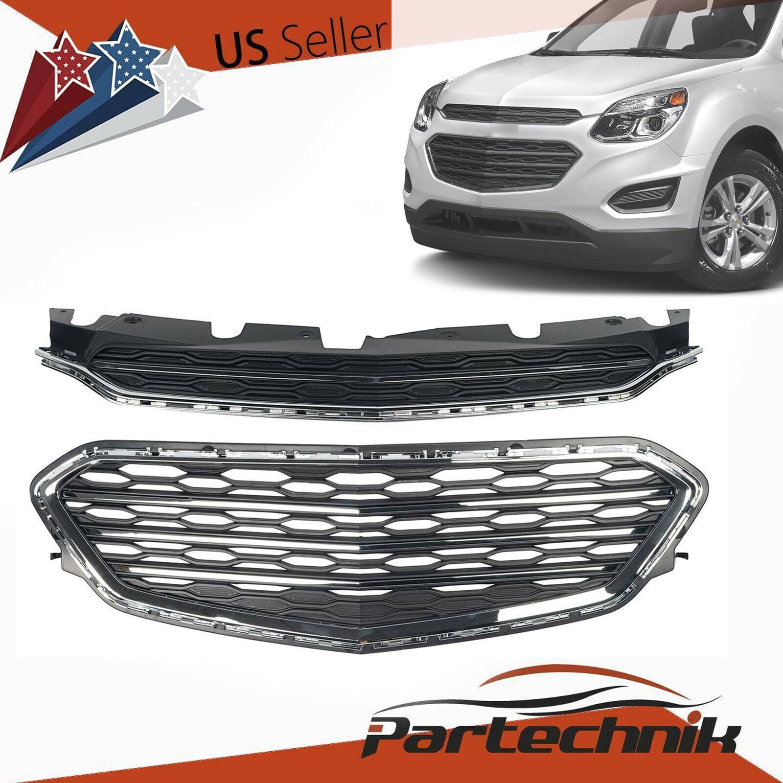 Partzer Chrome Front Upper + Lower Bumper Grille Set Compatible with ...