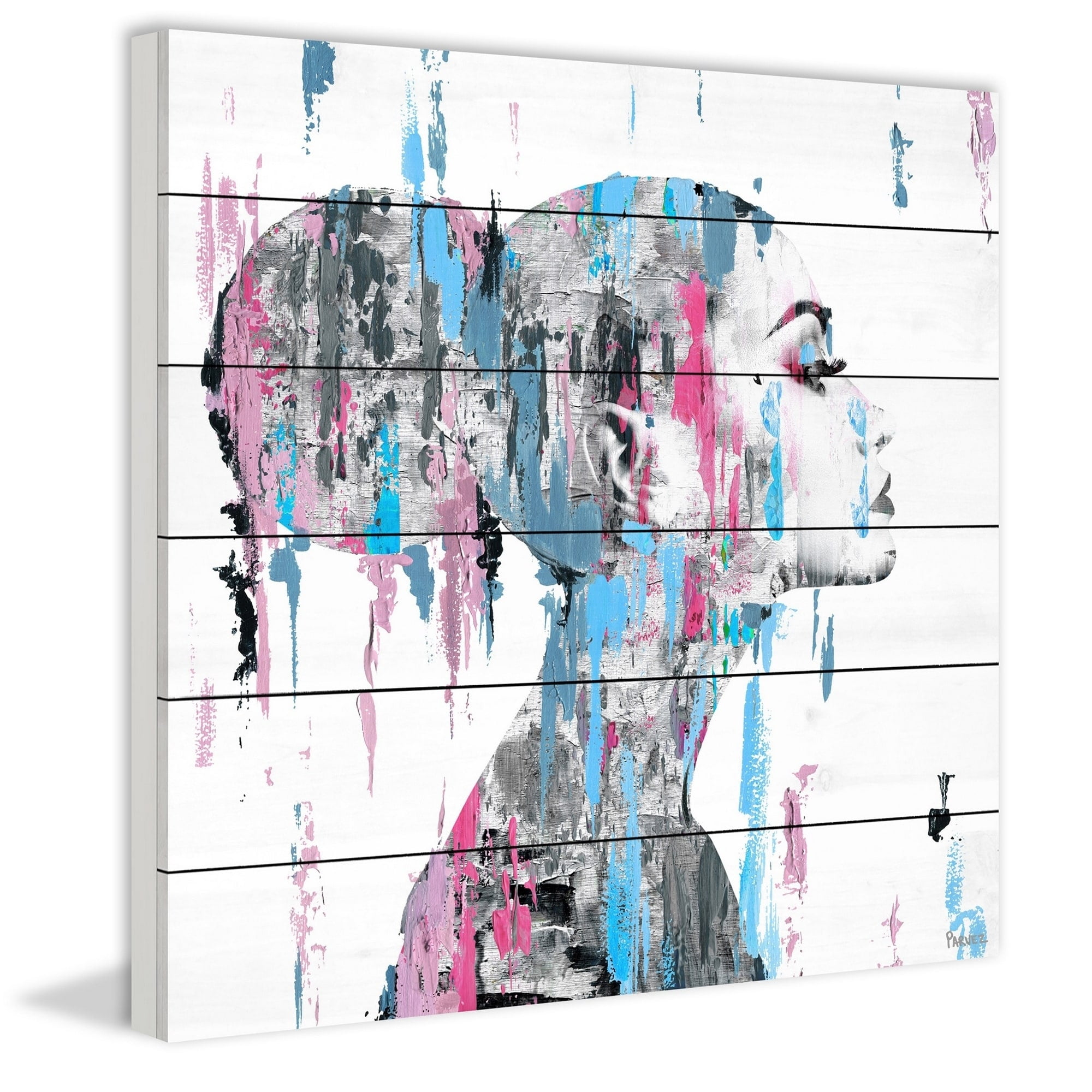Free Shipping! Parvez Taj Modern Pink Blue Face Painting on White Wood Wall Art - Walmart.com