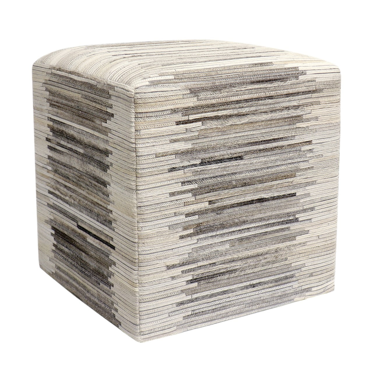 Pasargad Home Galaxy Cowhide & Sari Silk Fabric Pouf Ottoman in Silver ...