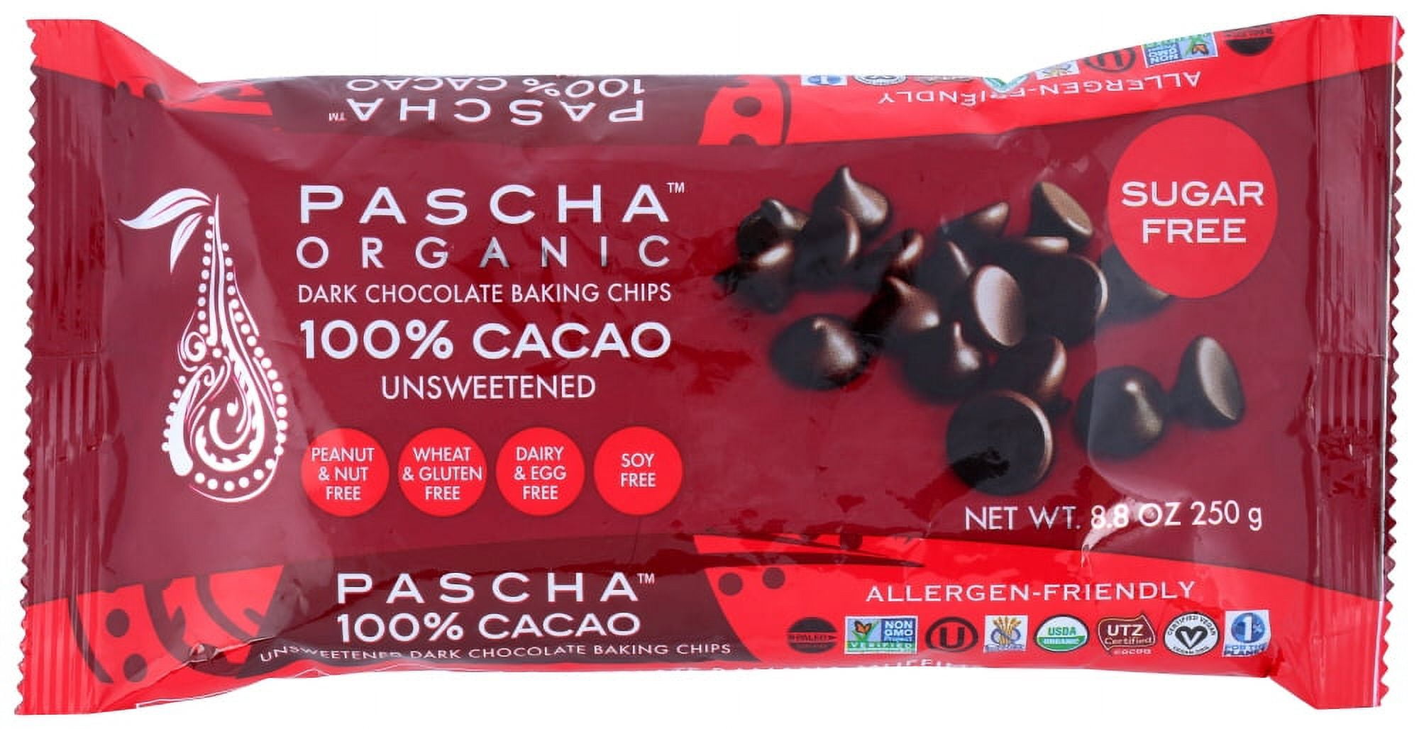 Pascha Organic Dark Unsweetened Chocolate Chips, 100% Cacao, 8.8 Oz ...