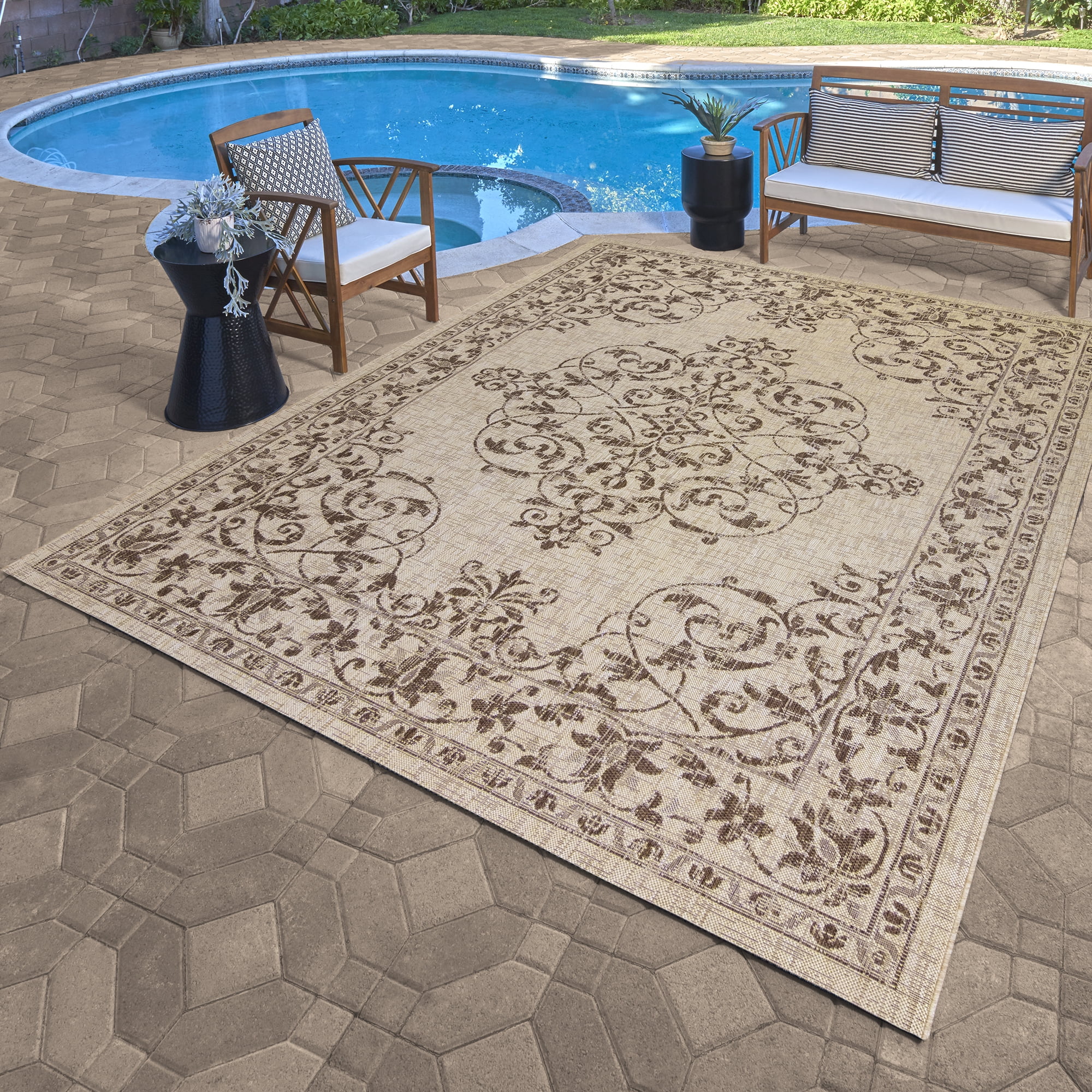 Paseo 6.5' x 9.5' Beige and Brown Outdoor Rug - Walmart.com
