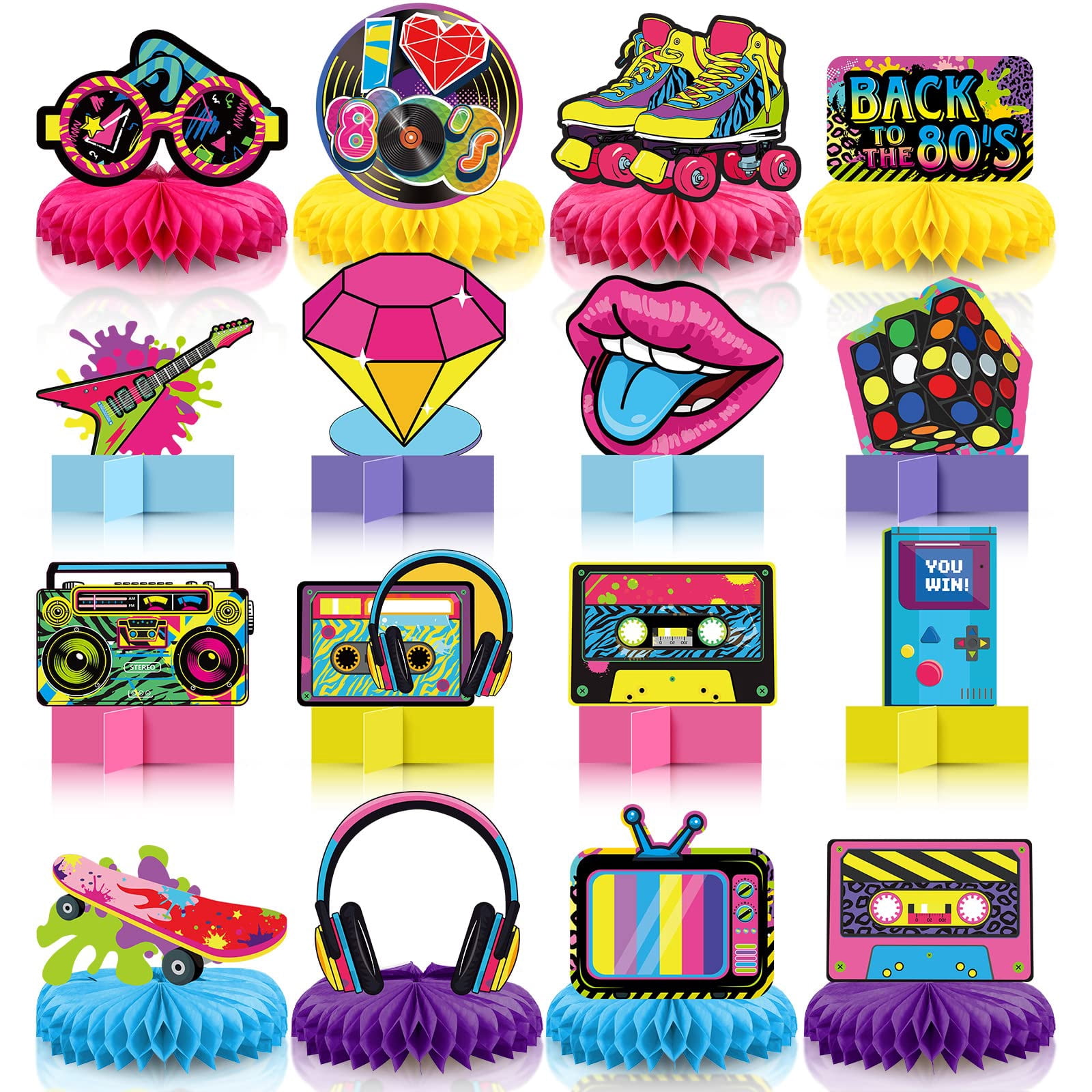 Pasimy 16 Pcs 80s Party Decorations BSL1 1980s Honeycomb Centerpieces ...