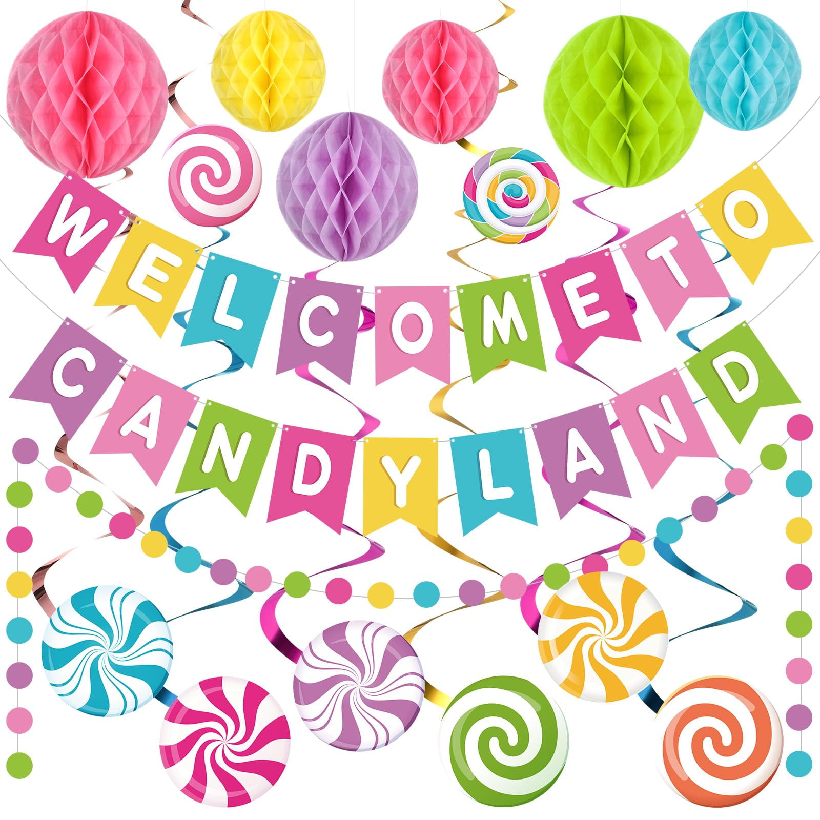 Pasimy Welcome to Candy Land Banner with Colorful Honeycomb Balls Candy ...