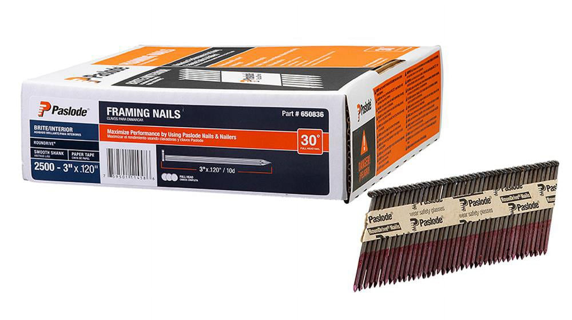 Paslode 650836 Framing Nail, 3 in L, 11 ga Gauge, Steel, Bright, Full ...