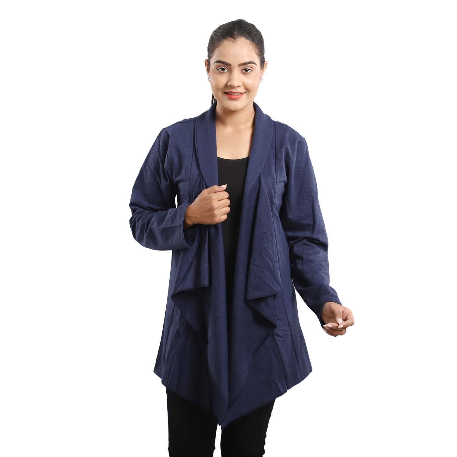 Passage Navy Blue French Terry Waterfall Front Cardigan for Women Quick ...