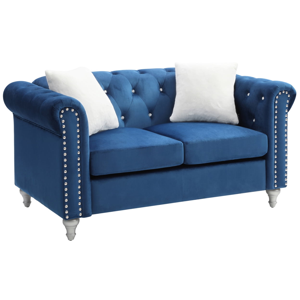 Passion Furniture Raisa 60 in. Navy Blue Velvet 2-Seater Sofa with 2 ...