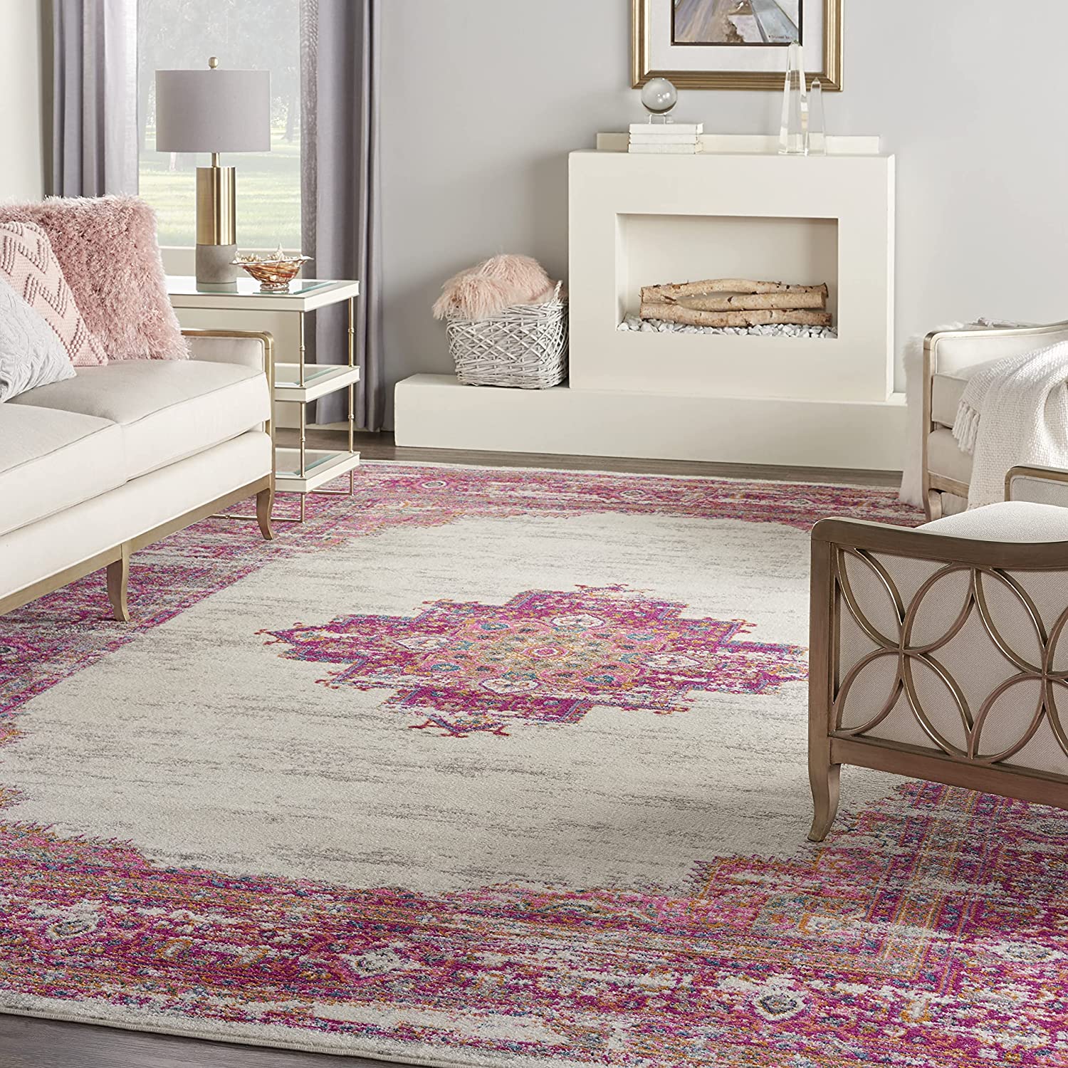 Passion Ivory/Fuchsia 12' x 18' Area Rug, Boho, Traditional, Easy ...