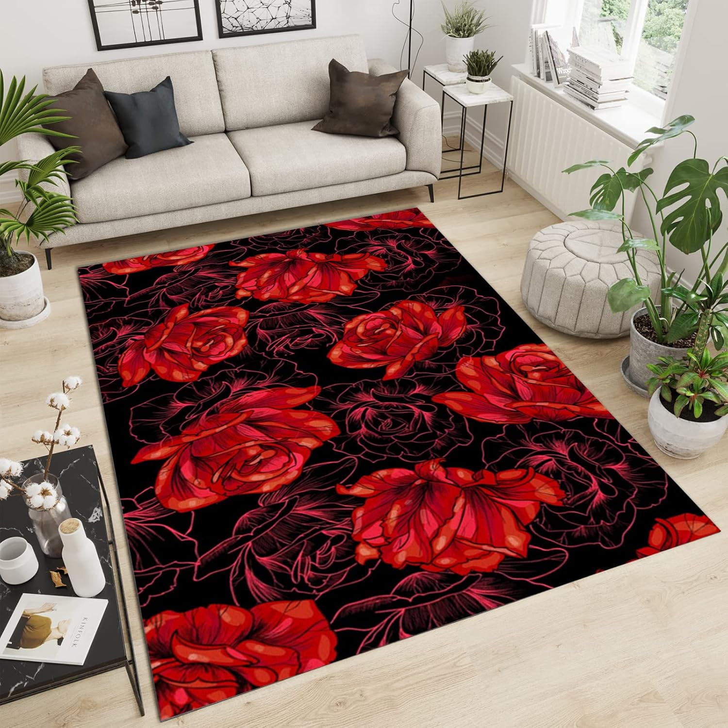 Passionate Red Rose Rugs, Shadow Outlines Aesthetic Rose Flowers Rug ...