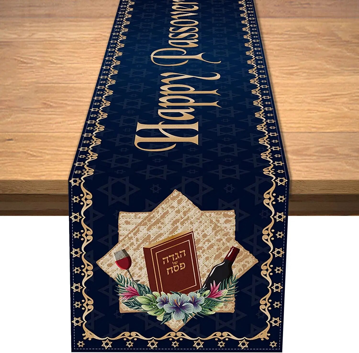 Passover Linen Table Runner Pesach Seder Matzoh Red Wine Star of David ...