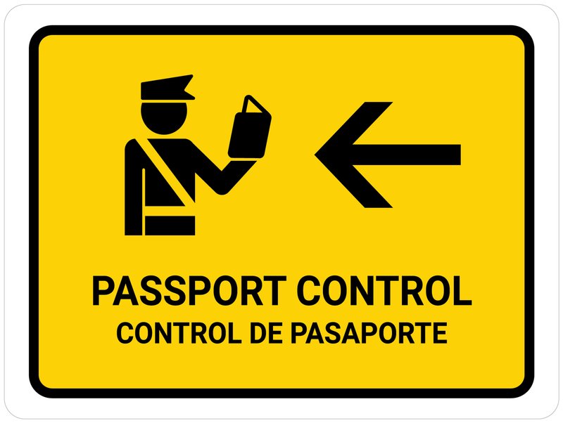 Passport Control With Left Arrow Yellow Bilingual Spanish Sign Safety ...