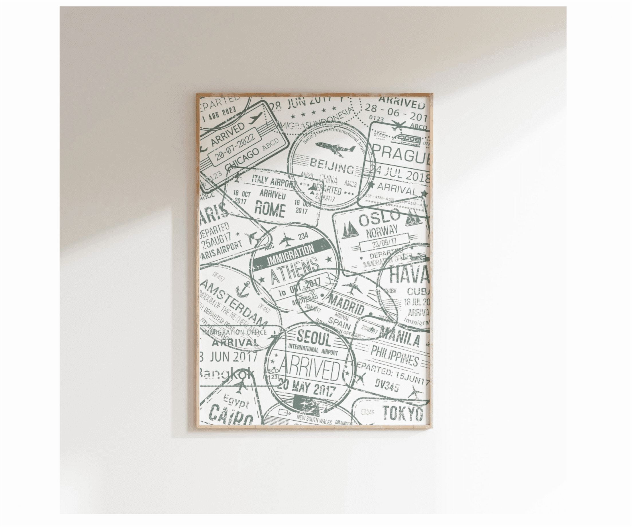 Passport Stamps Sage Green Travel Poster Home Decor Office Wall Art ...