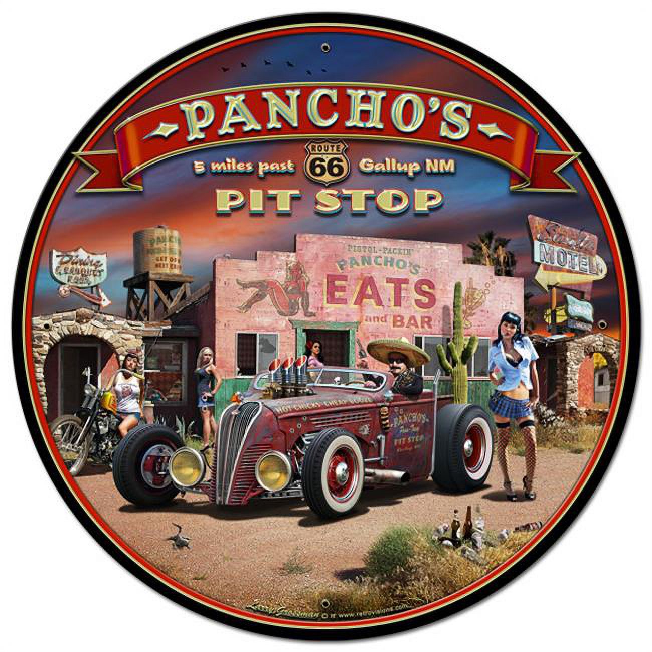Past Time Signs LGB063 Larry Grossman Route 66 Panchos Round Metal Sign ...