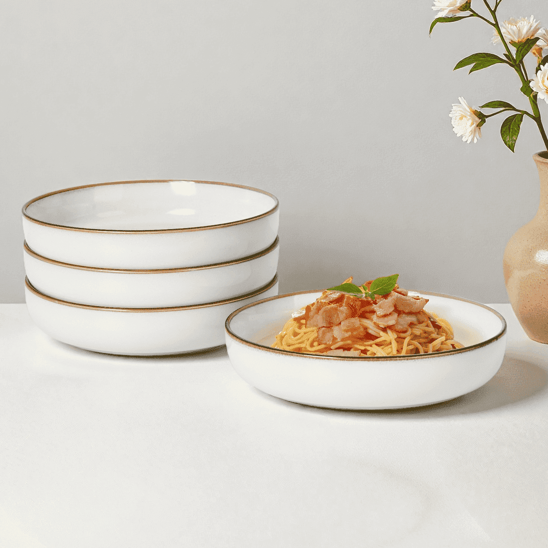 Onader Pasta Bowls Set of 4, 35oz Large Serving Bowls, Seashell White ...