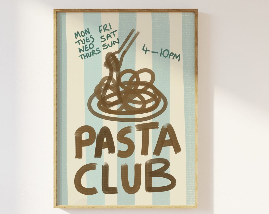 Pasta Club Kitchen Print, Pasta Lover Art Print, Pasta Illustration ...