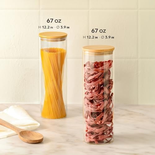 Pasta Containers Storage Jars 67oz - 2 Food Glass Jars with Bamboo Lids ...