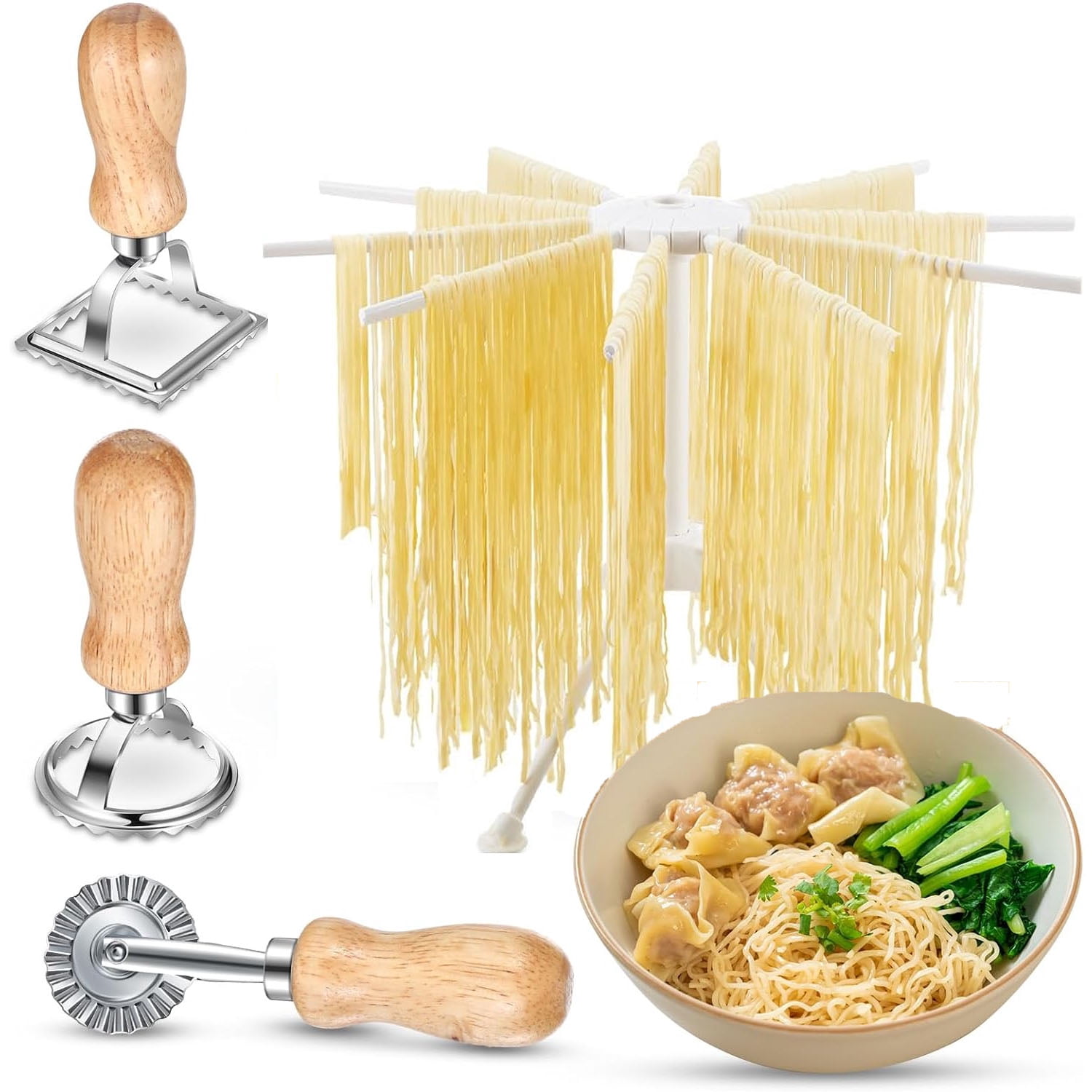 Pasta Drying Rack and Ravioli Stamp Maker Cutter with Roller Wheel Set ...