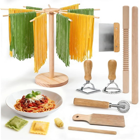 Pasta Making Tools 9 Pcs with Pasta Drying Rack, Threaded Rolling Pin ...