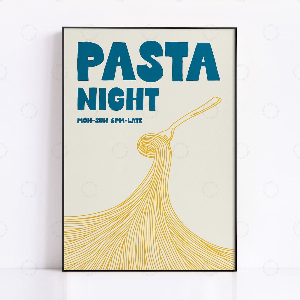 Pasta Night Print, Retro Food Art, Kitchen, Cute Cooking Art Kitchen ...