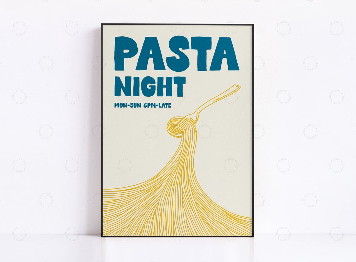 Pasta Night Print, Retro Food Art, Kitchen, Cute Cooking Art Kitchen ...