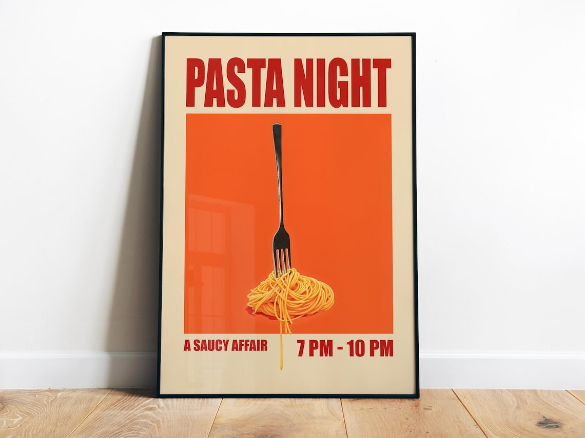 Pasta Night Print Retro Food Art Mid Century Modern Print Kitchen Wall ...