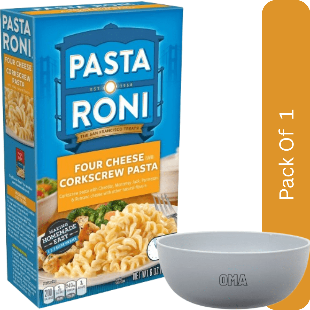Pasta Roni Four Cheese Corkscrew Pasta – 6 oz Box-With Olive White Bowl ...