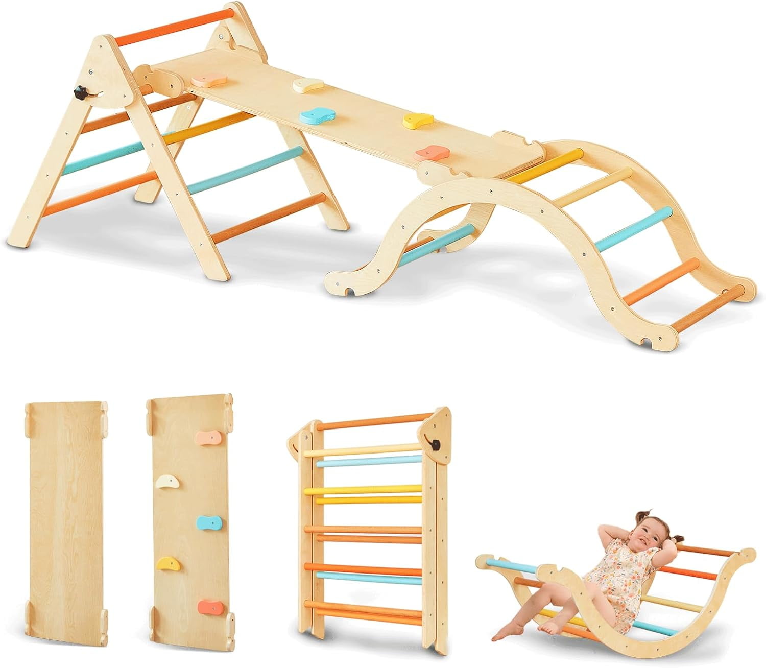 Pastel 7 in 1 Pikler Triangle Set with Sliding Ramp & Climbing Arch ...