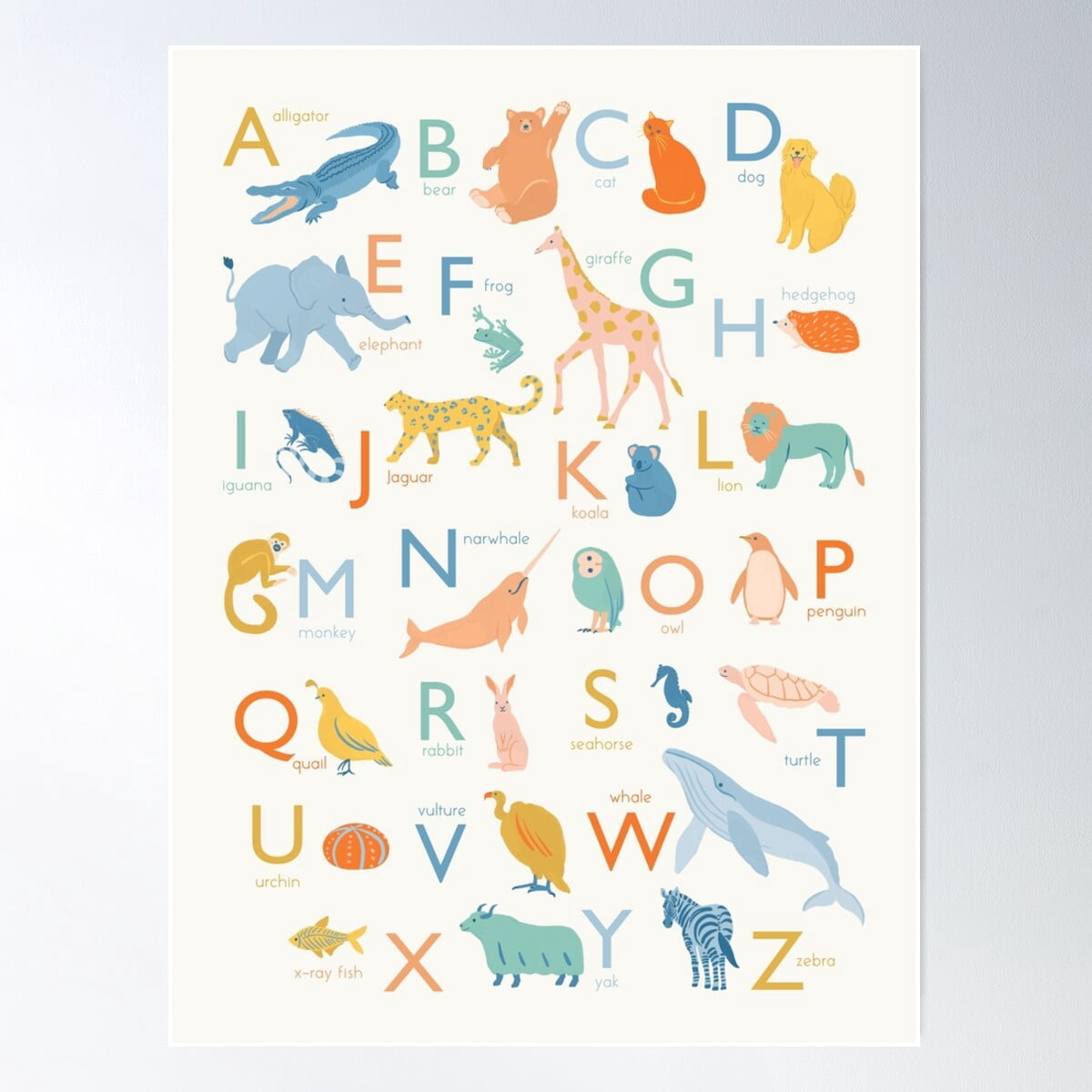 Pastel Abc Animals Poster Wall Art, Modern Wall Decor For Living Room ...