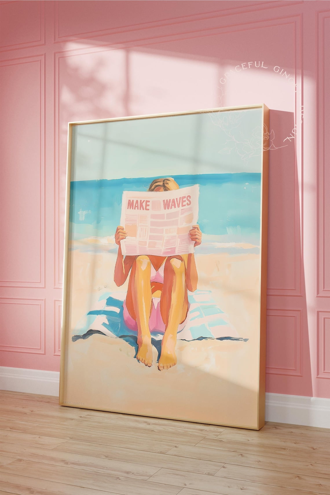 Pastel Beach Print, Woman Reading Newspaper, Coastal Summer Decor Home ...