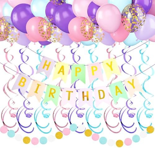 Pastel Birthday Decorations, Happy Birthday Banner, Metallic Hanging ...