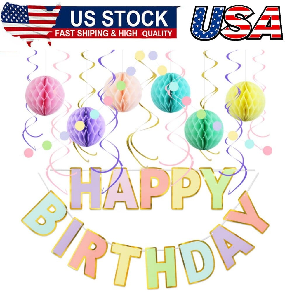Pastel Birthday Decorations Kit,17Pcs Set with Pre-Strung Happy ...