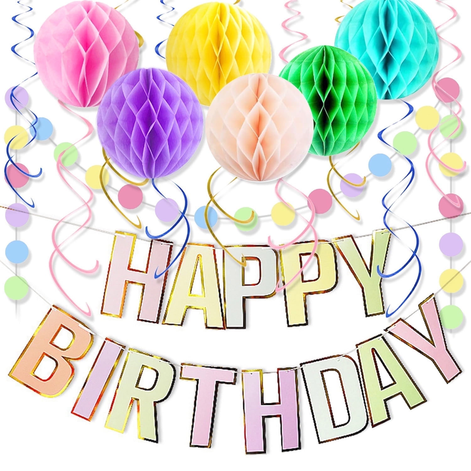 Pastel Birthday Decorations Kit - Happy Birthday Banner, Honeycomb ...