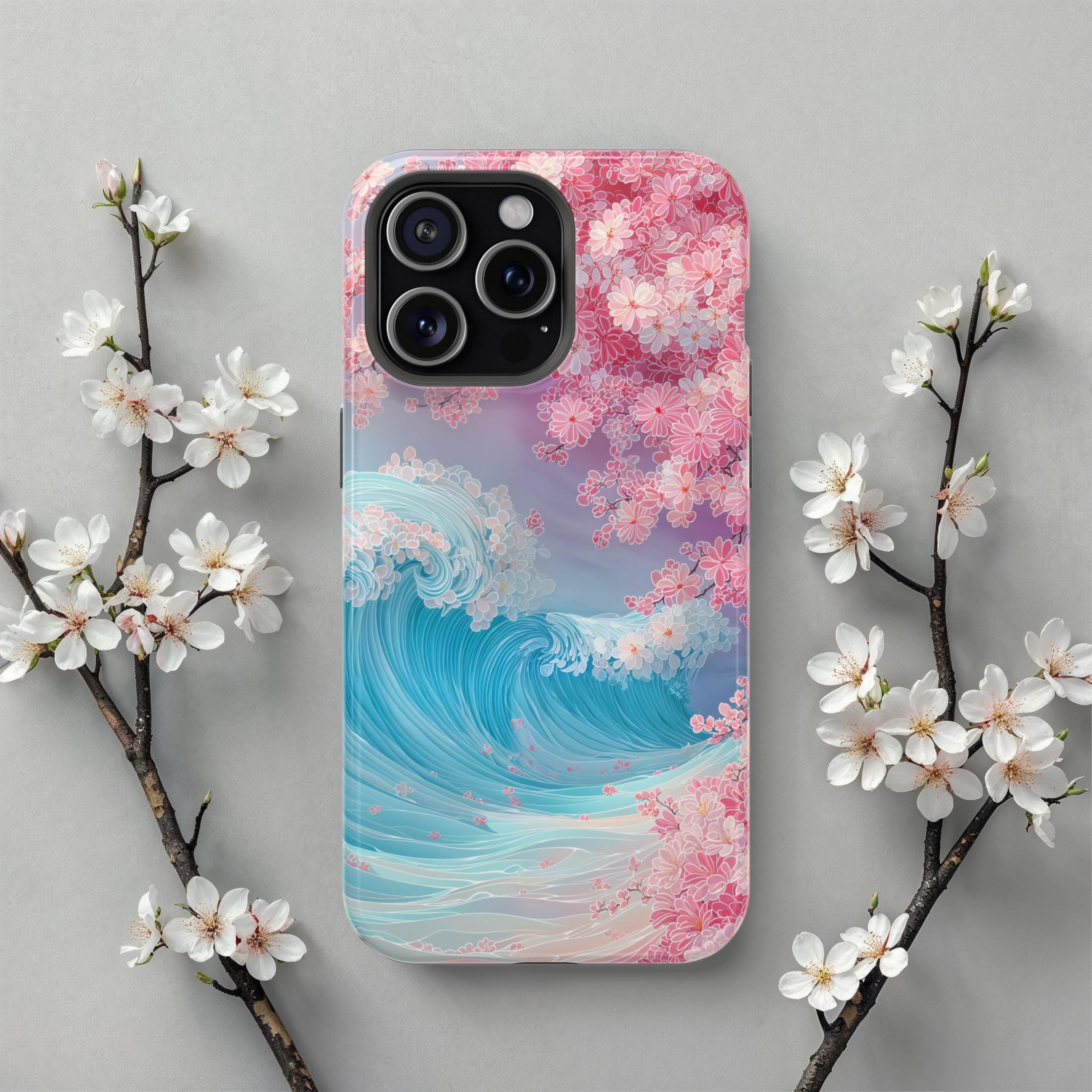 Pastel Blossom Wave Phone Case Sakura Ocean Art for iPhone 17 to 11 Pro ...