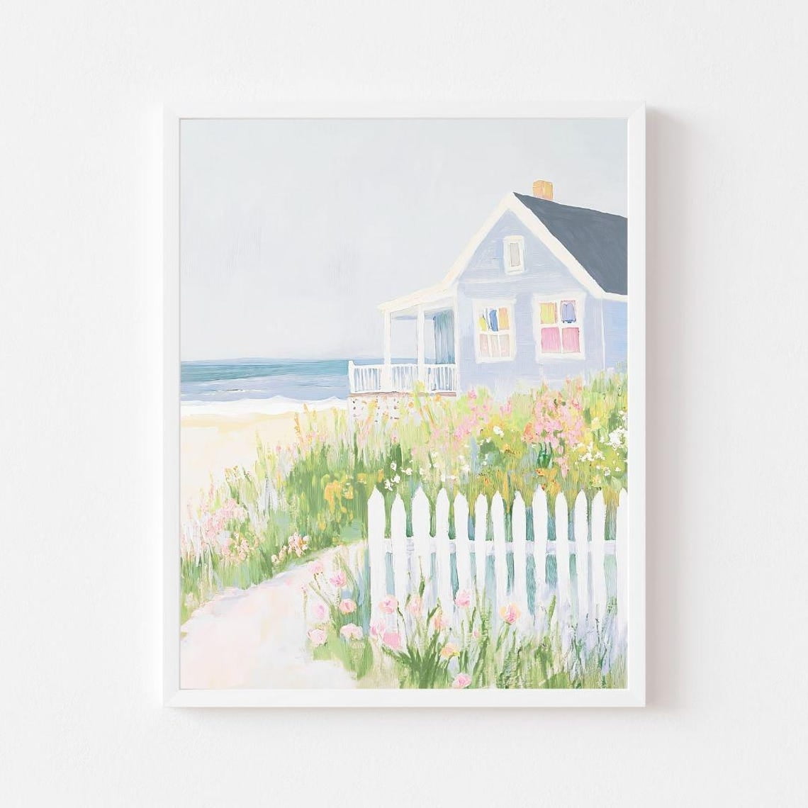 Pastel Blue Beach Cottage Painting Spring Coastal House Wall Art Print ...