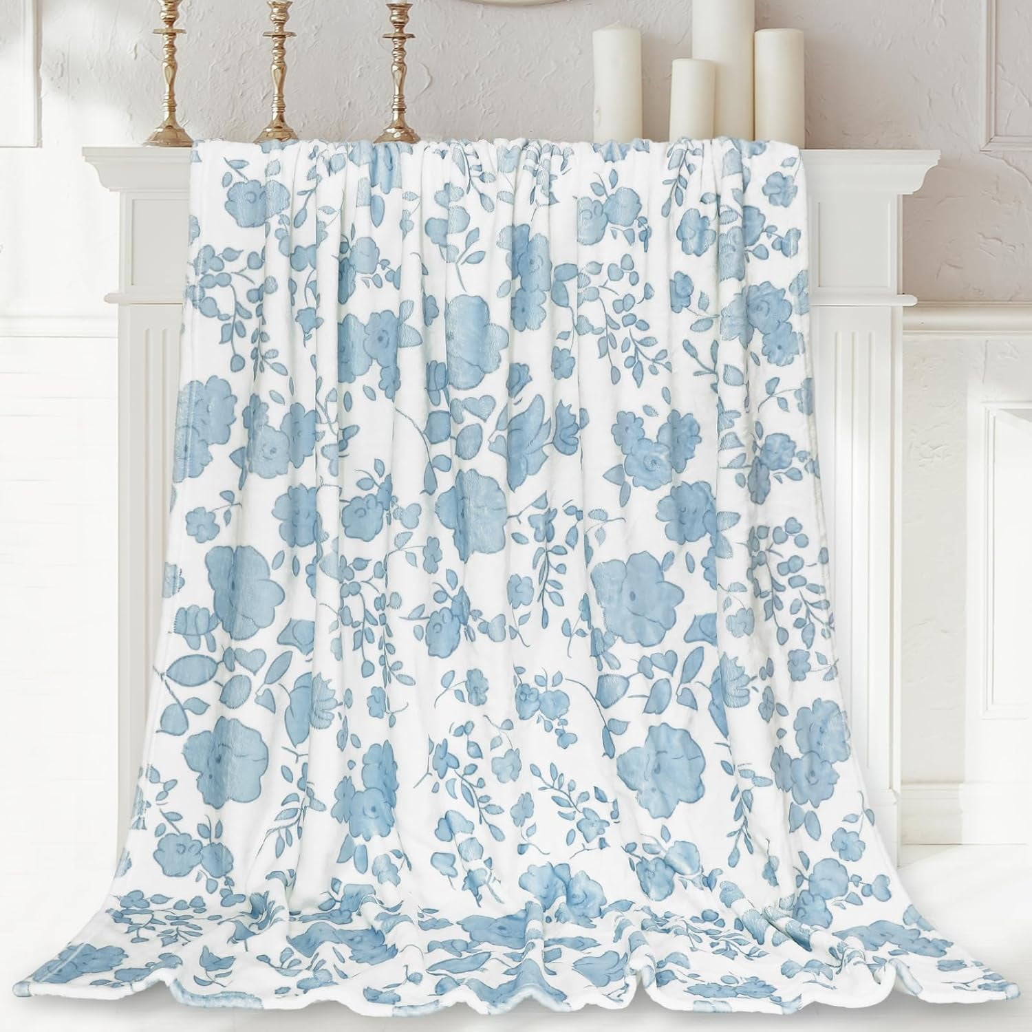 Pastel Blue Floral Fuzzy Flannel Blanket 50 x 60 Inch Soft Flower Throw ...