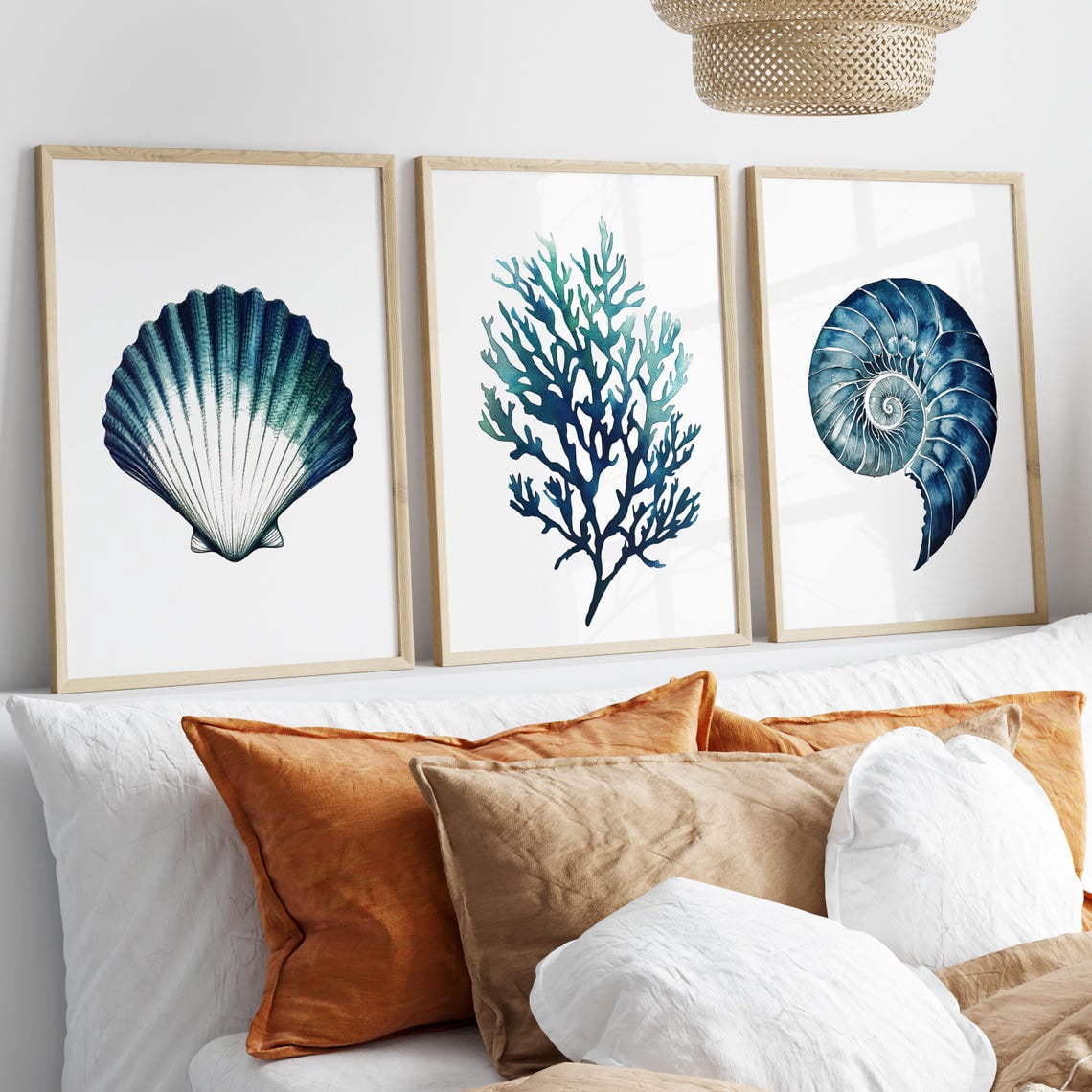 Pastel Blue Green Seaweeds Seashells Creatures Beachy Decor Set 3 ...