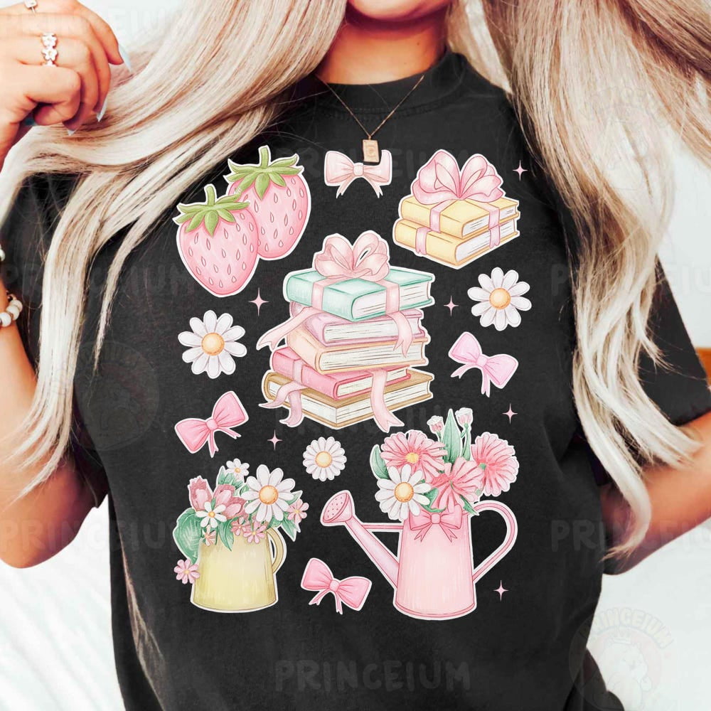 Pastel Book Flower Shirt, Teacher With Bow Watering Can Strawberry ...