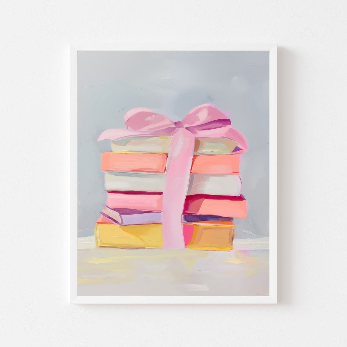 Pastel Book Stack Painting Pink Reading Nook Wall Art Print Colorful ...