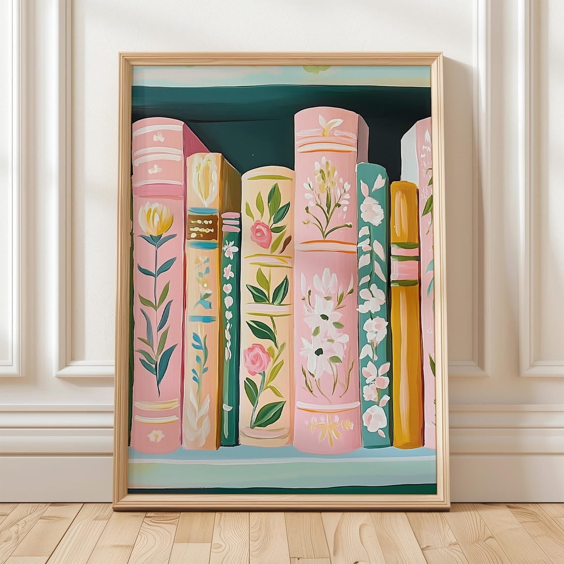 Pastel Bookshelf Wall Print, Vintage Floral Book Spines Art, Aesthetic ...