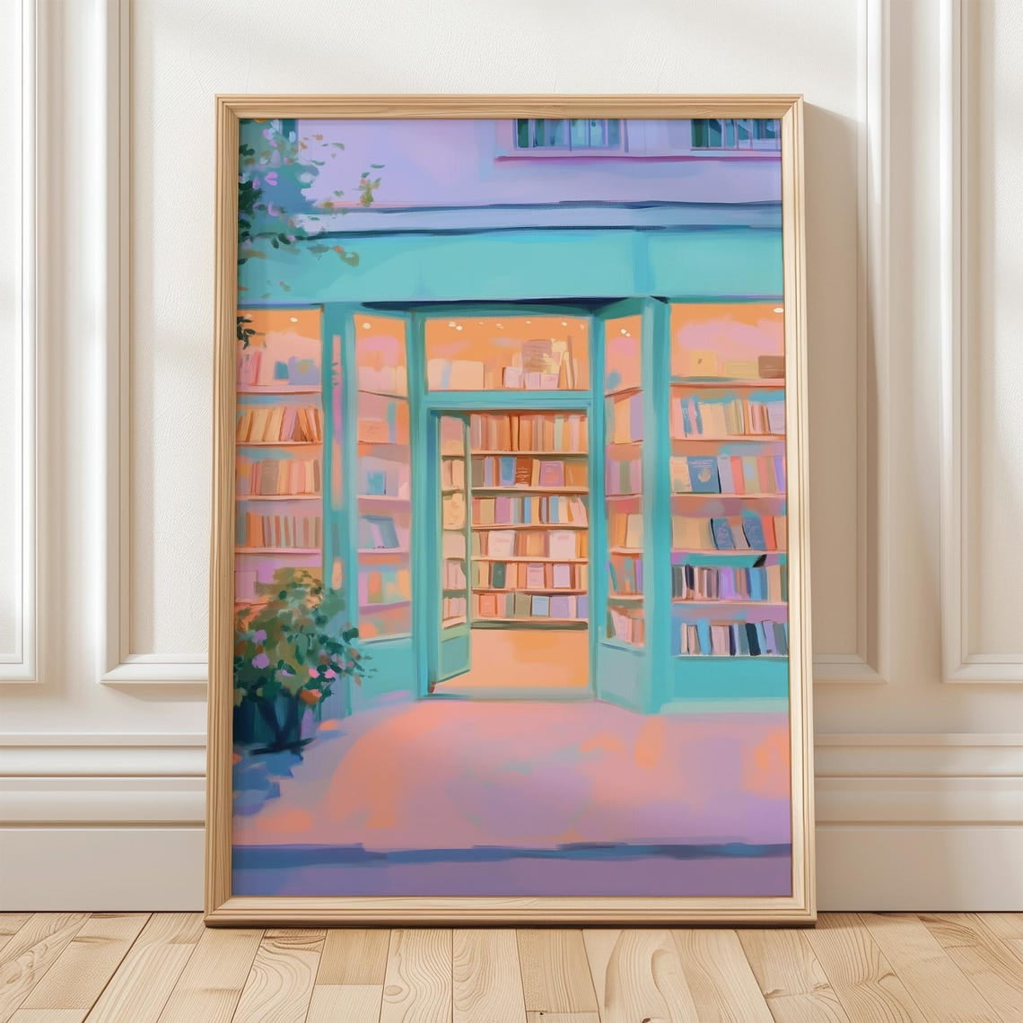Pastel Bookstore Art Print Of Cozy Library Entrance, Modern Whimsical ...