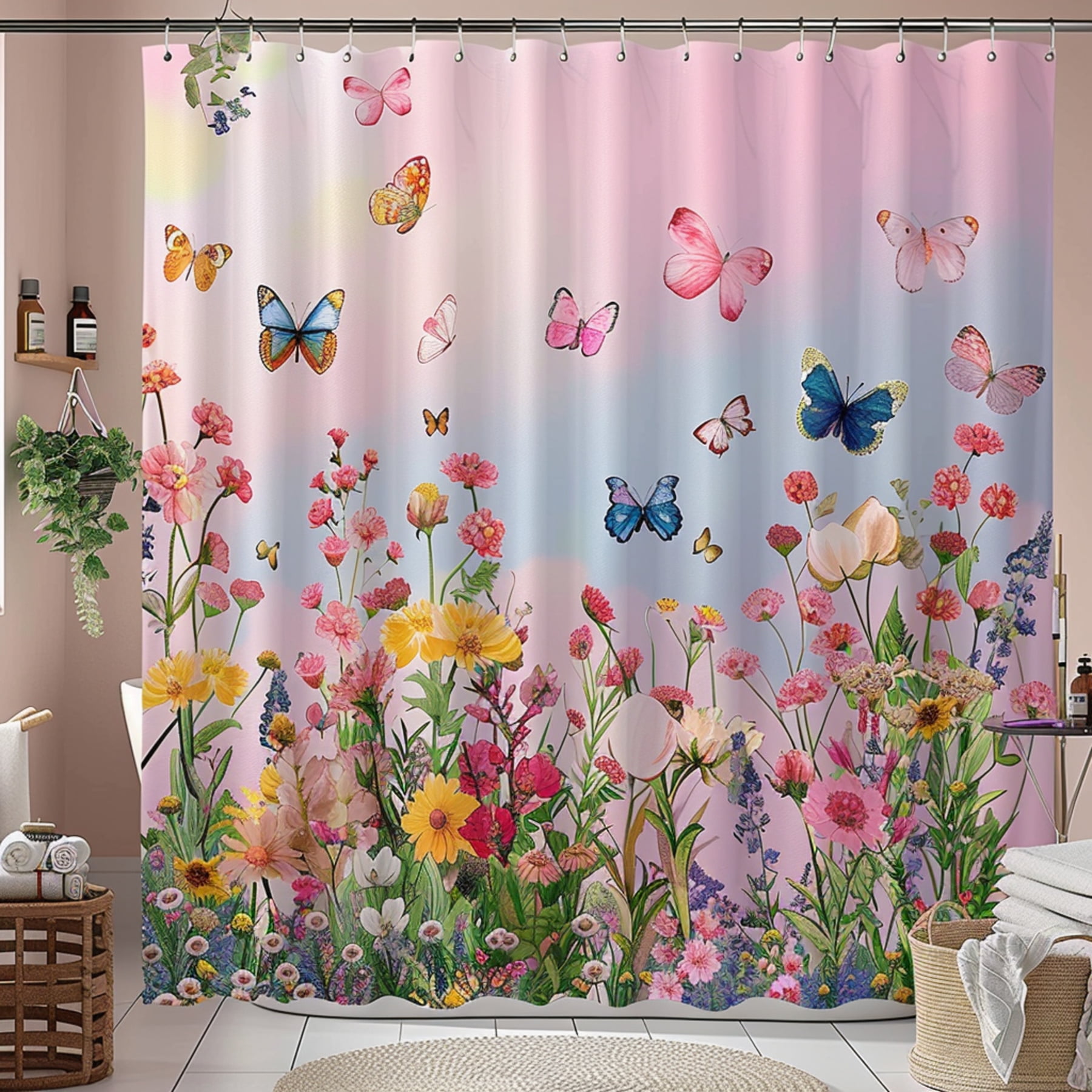 Pastel Butterfly Garden Shower Curtain Vibrant Wildflowers And