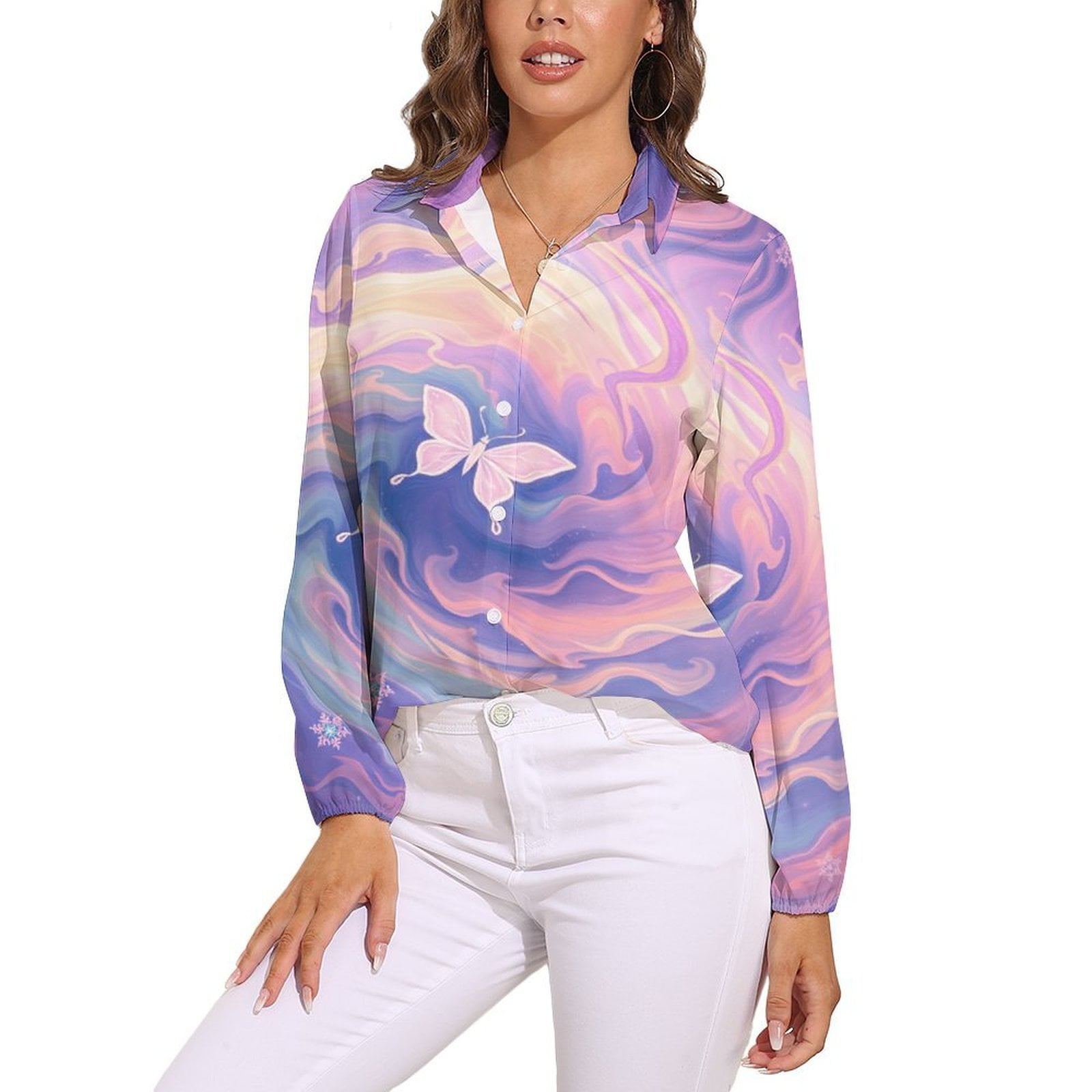 Pastel Butterfly Nebula Blouse Female Long Sleeve Casual Shirts Oversized Clothing - Walmart.com