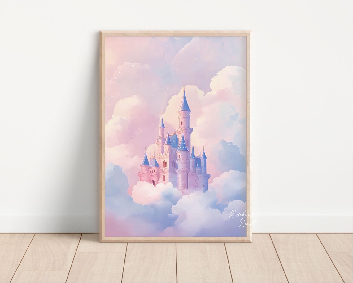 Pastel Castle In The Sky Painting Art Print, Fairytale Princess ...