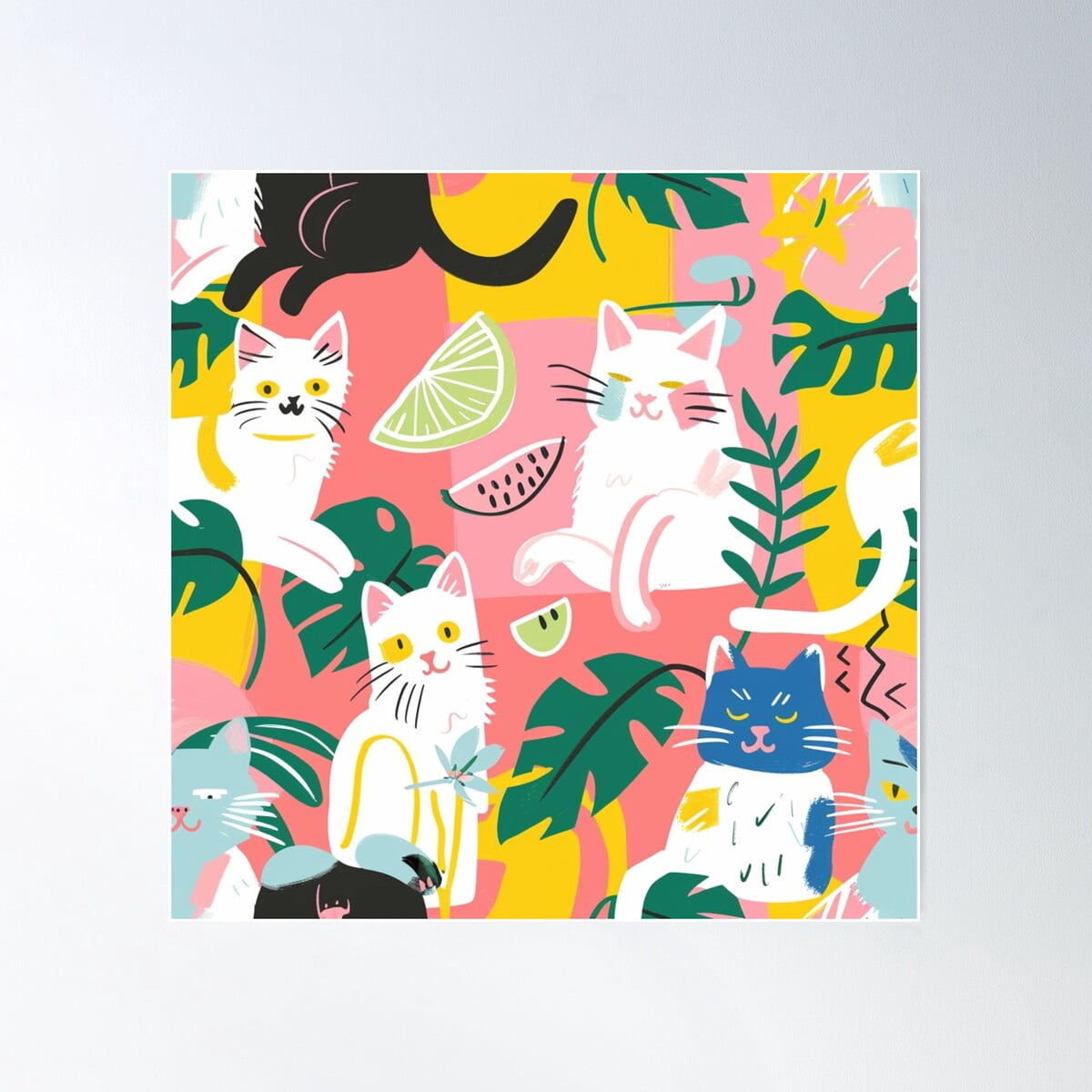 Pastel Cats Relaxing With Fruid Poster Wall Art, Modern Wall Decor For ...
