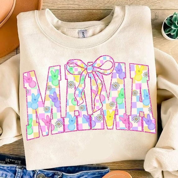 Pastel Checkered Bunny Design Sweatshirt for a Fun and Stylish Easter ...