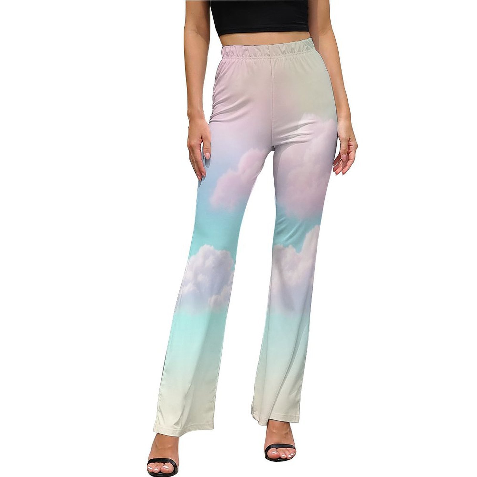 Pastel Clouds Sky Print High Waisted Casual Flared Trousers Summer Home ...