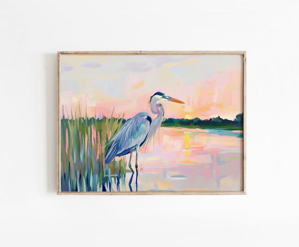 Pastel Coastal Marsh Print, Blue Heron Painting Art, Marsh Scene Print ...