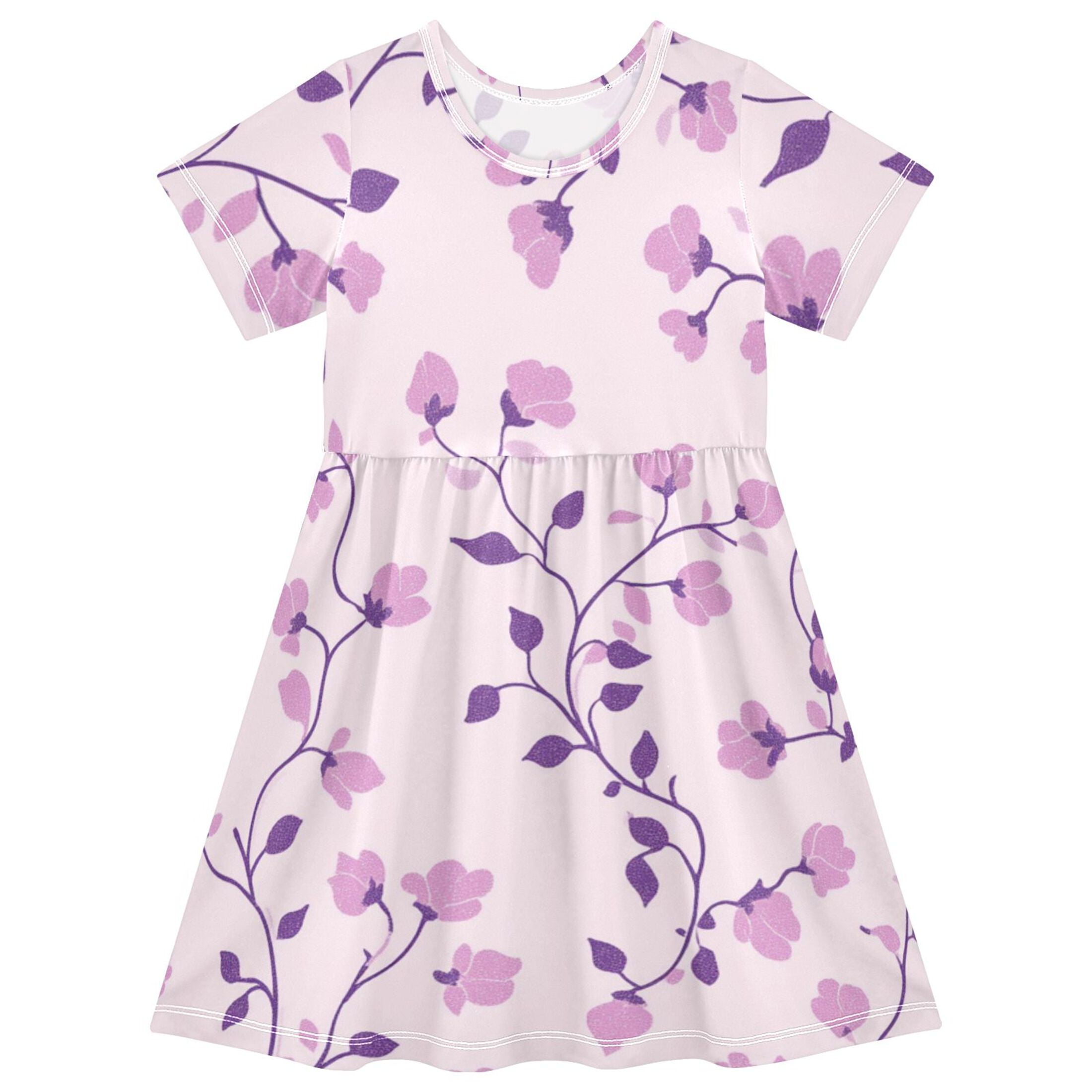 Pastel Color Rosebuds Vines Leaves Girls' Short Sleeve Dress A-Line One ...