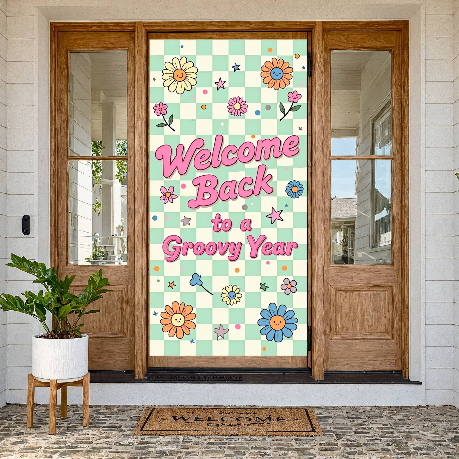Pastel Color Welcome Back Banner Green Gingham School Welcome Backdrop ...