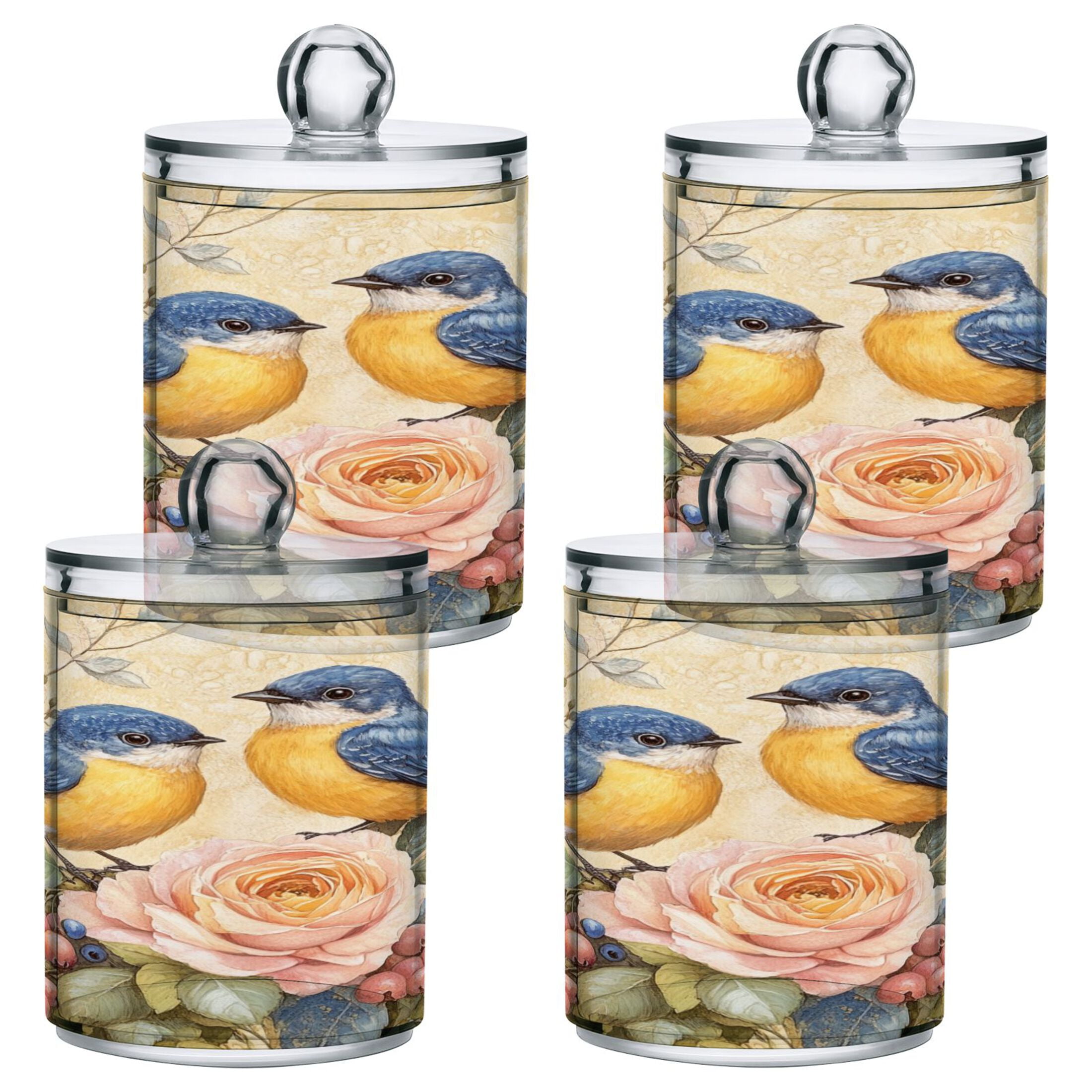 Pastel Colored Birds Couple on Flowers Translucent Plastic Cans Storage ...